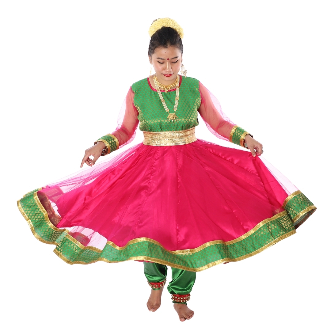 Kathak Dance Anarkali Style Costume Pink And Green